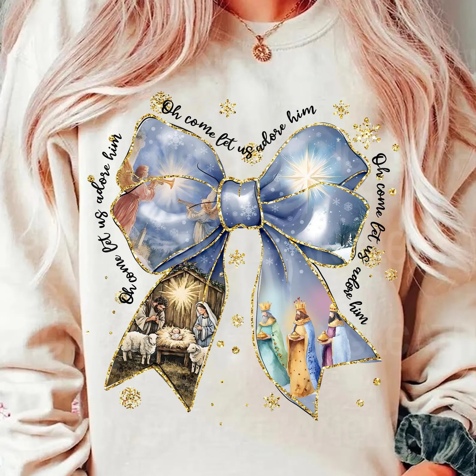 Blue Nativity Scene Bow DTF Print – Simple Tymes